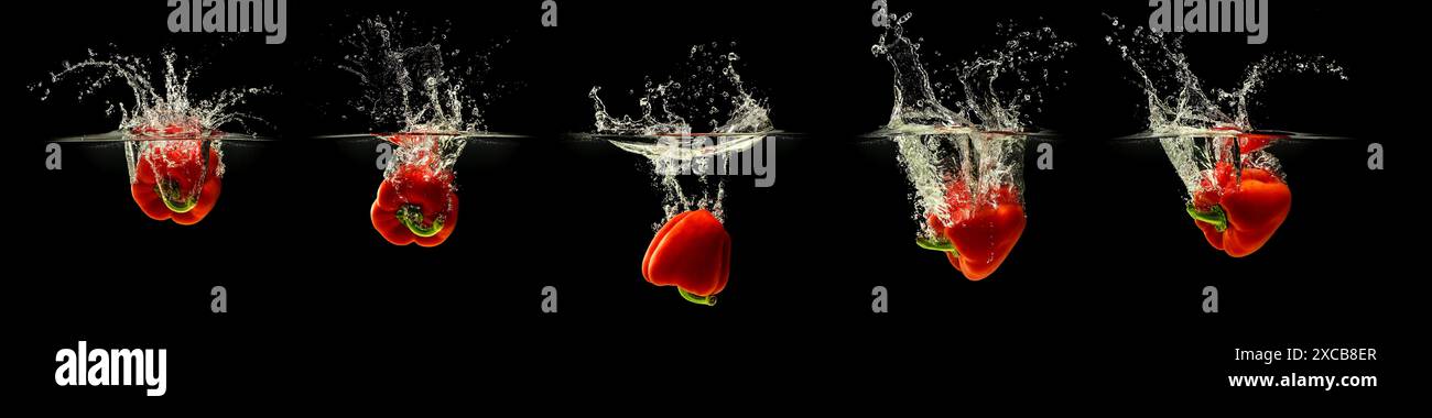 Group of bell pepper falling in water with splash on black background ...