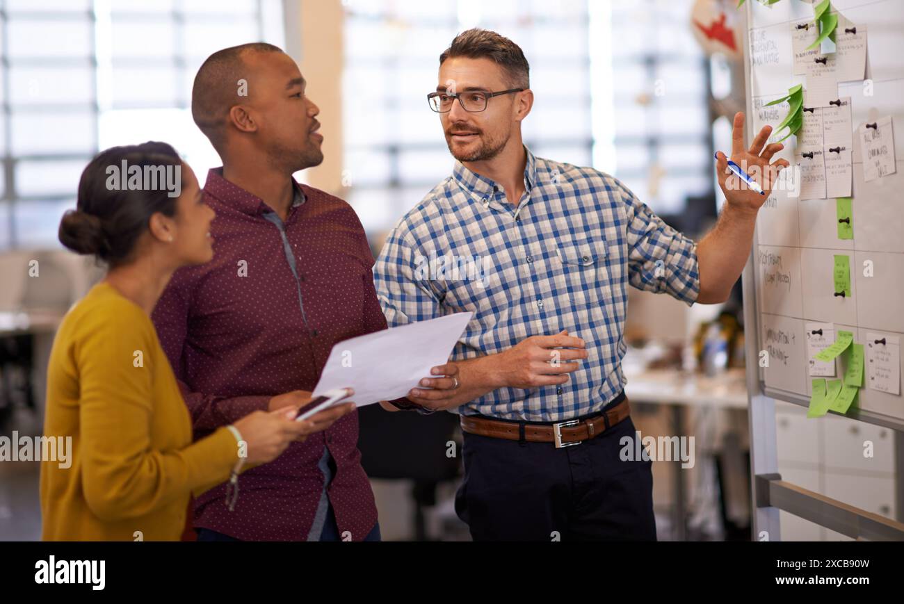 Business people, whiteboard and schedule with planning, teamwork and ...