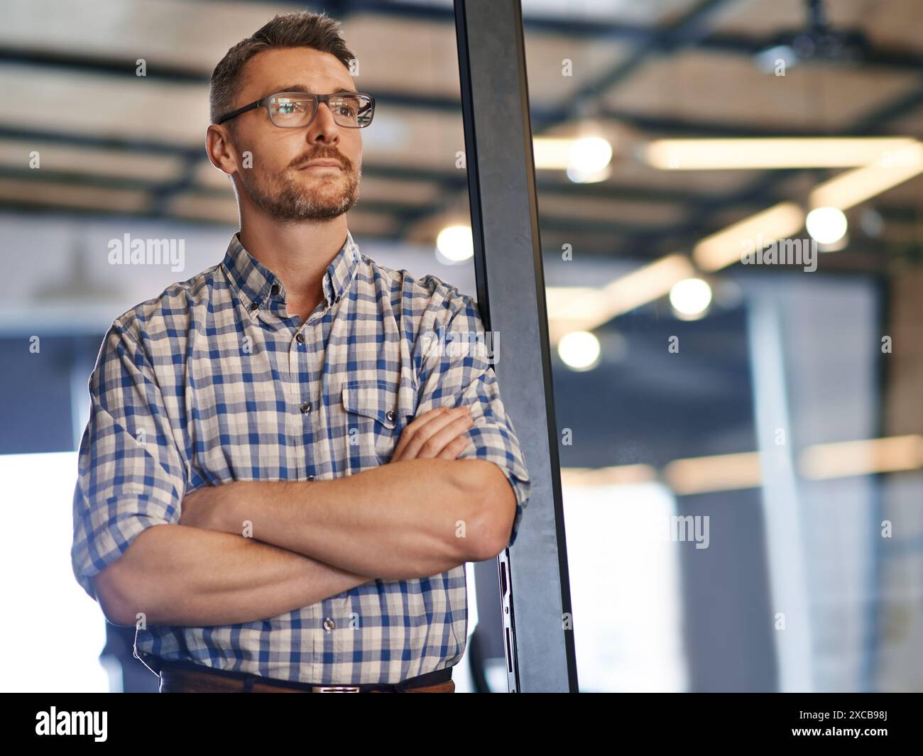 Career man, thinking and arms crossed for ideas as employee in ...