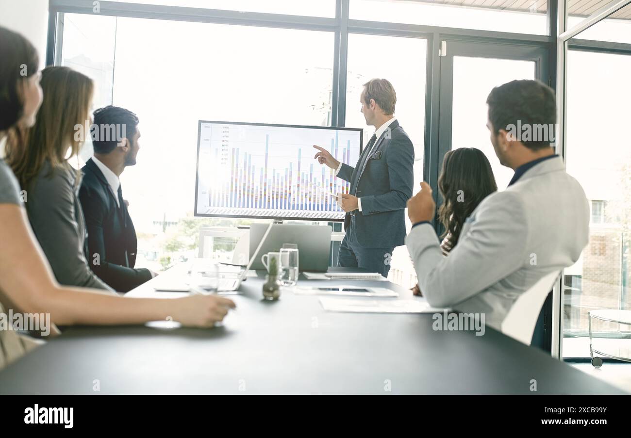 Businessman, meeting and discussion with data on screen for hr metrics ...