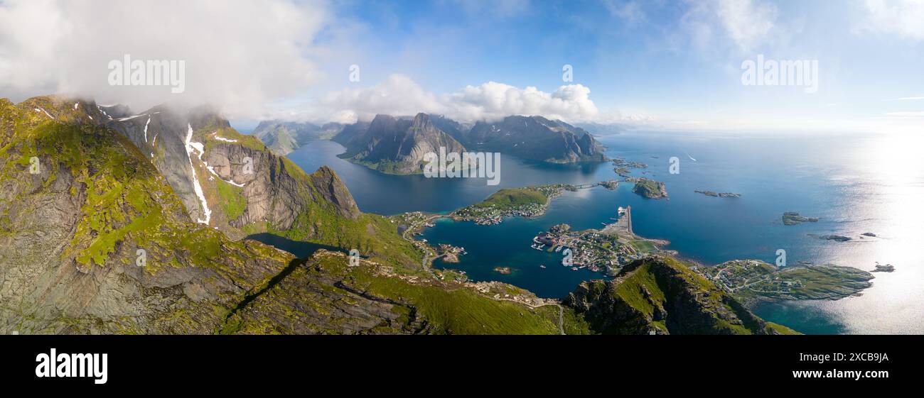 An aerial view of the stunning Lofoten Islands in Norway, dramatic ...