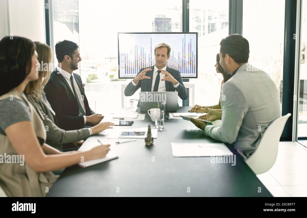Business people, team and conversation with data on screen for hr ...