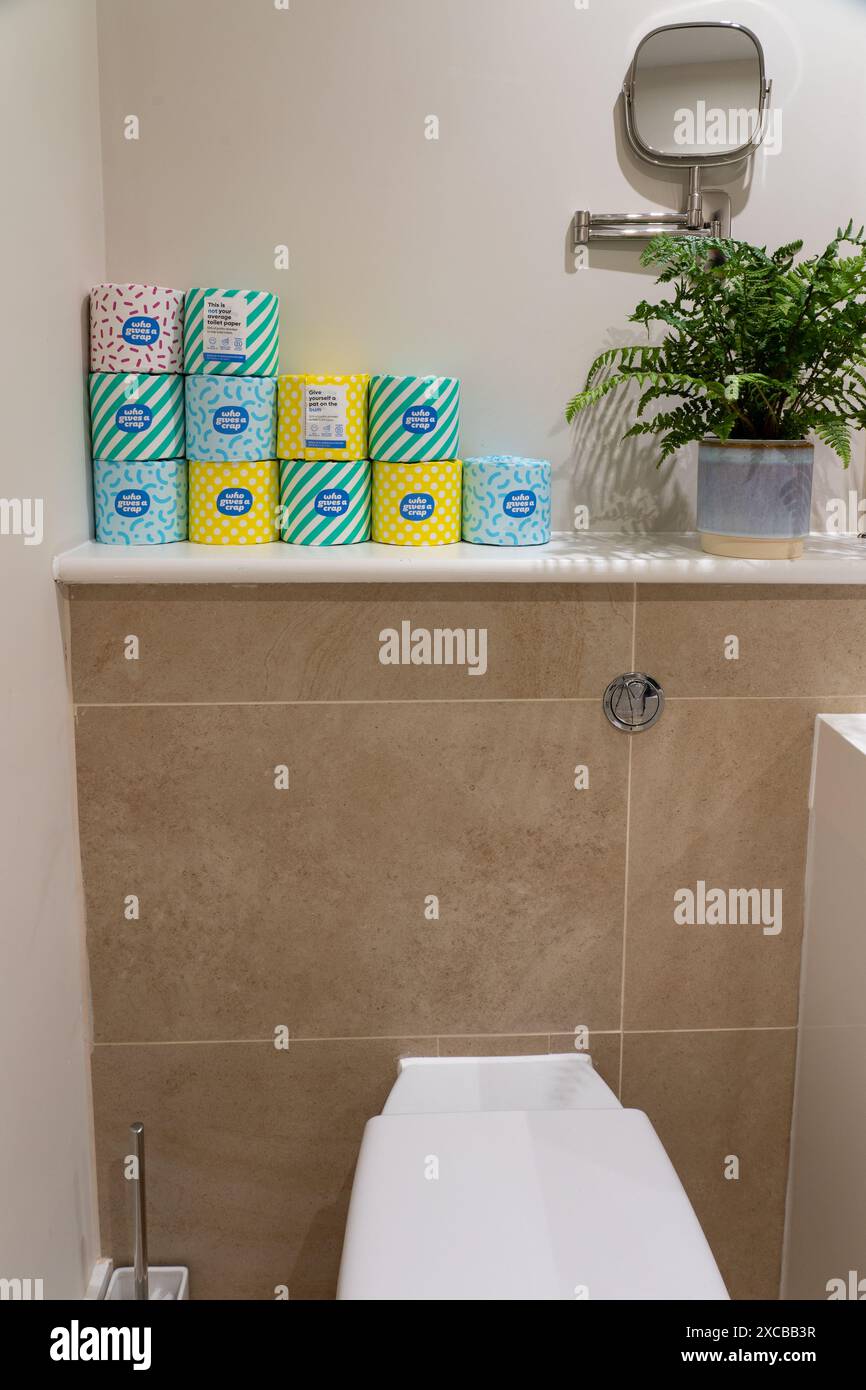 UK bathroom with stacked rolls of wrapped 'Who gives a crap' recycled ...