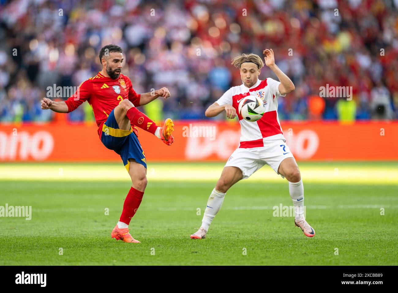 Berlin, Germany. 15th June, 2024. Dani Carvajal (2) of Spain and Lovro ...
