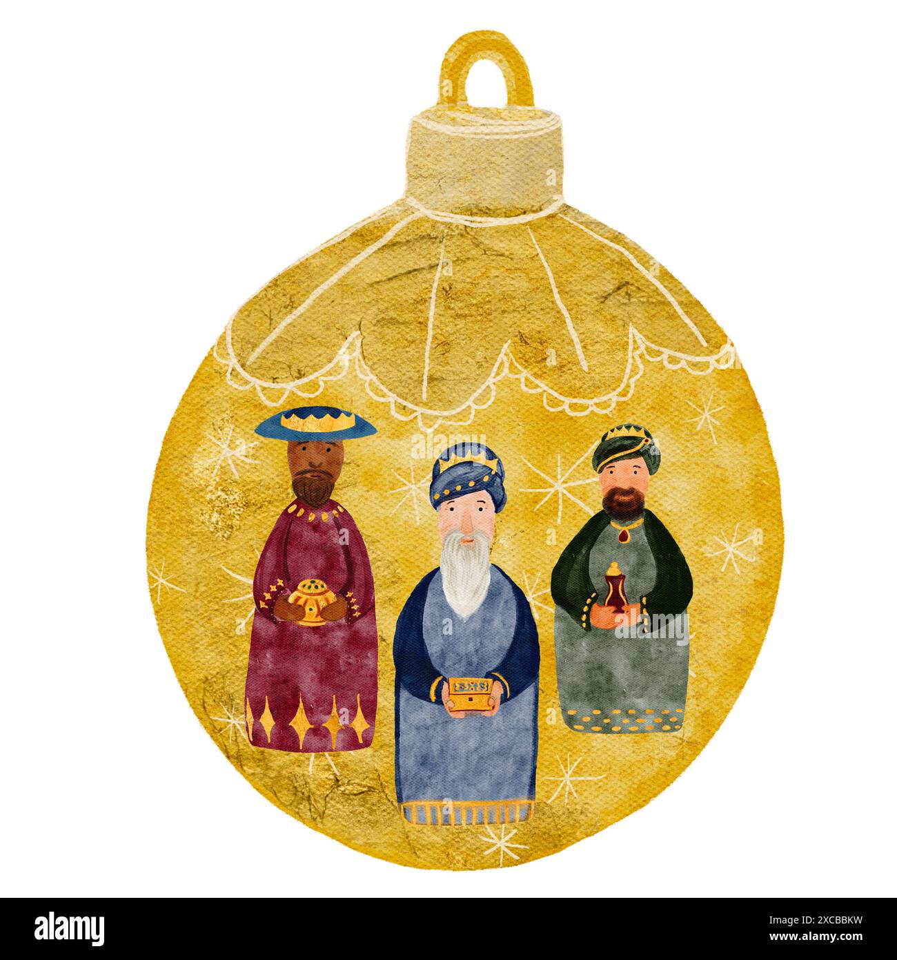 Christmas yellow tree ball with magi nativity scene isolated on white ...
