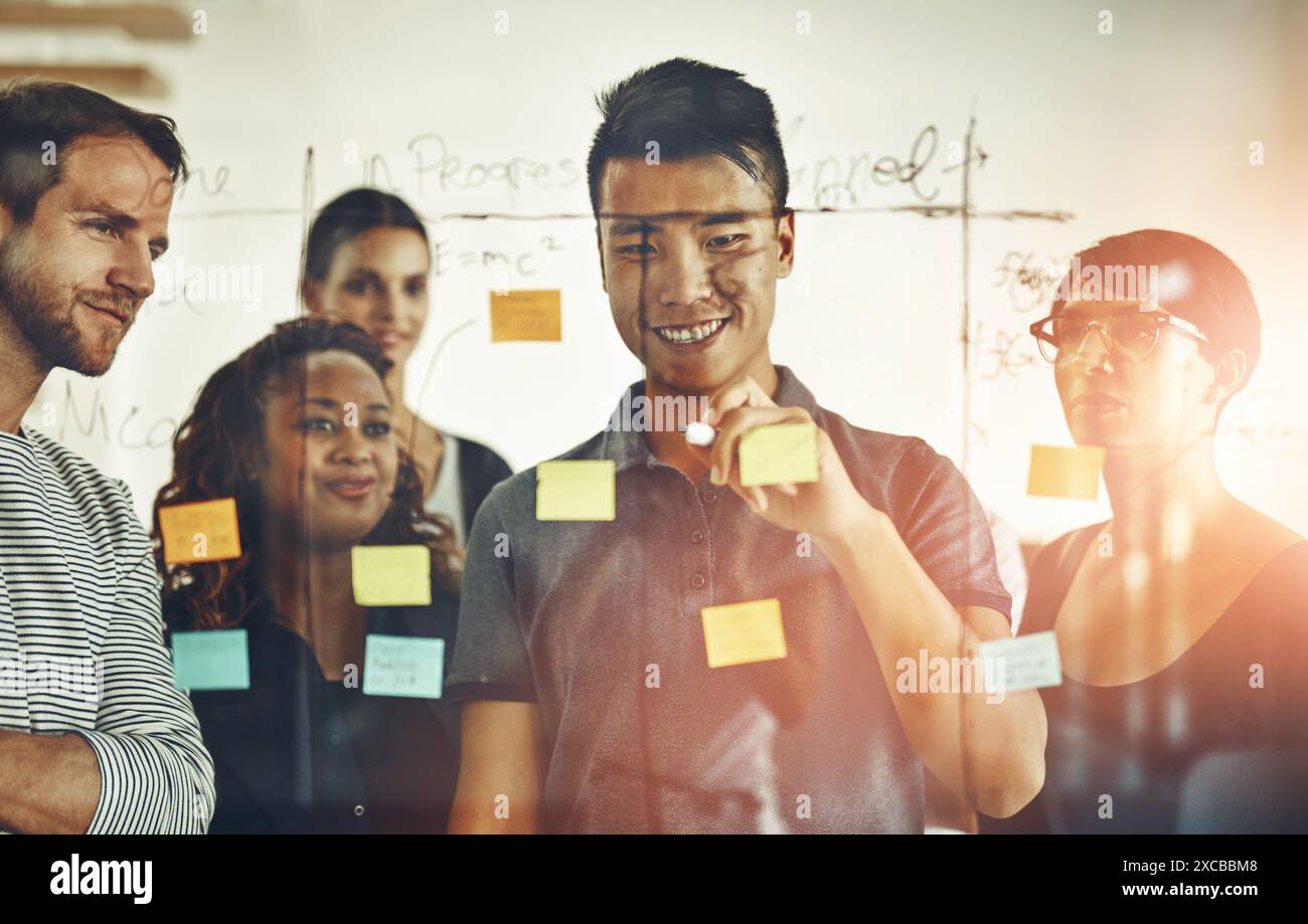 Glass, storyboard and writing with business people in office together ...