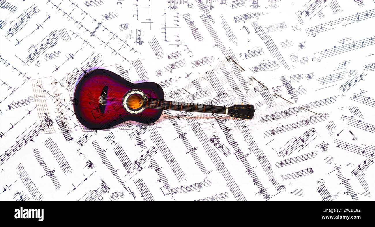 an old classical guitar leaning on a bed of jumbled musical notes Stock ...