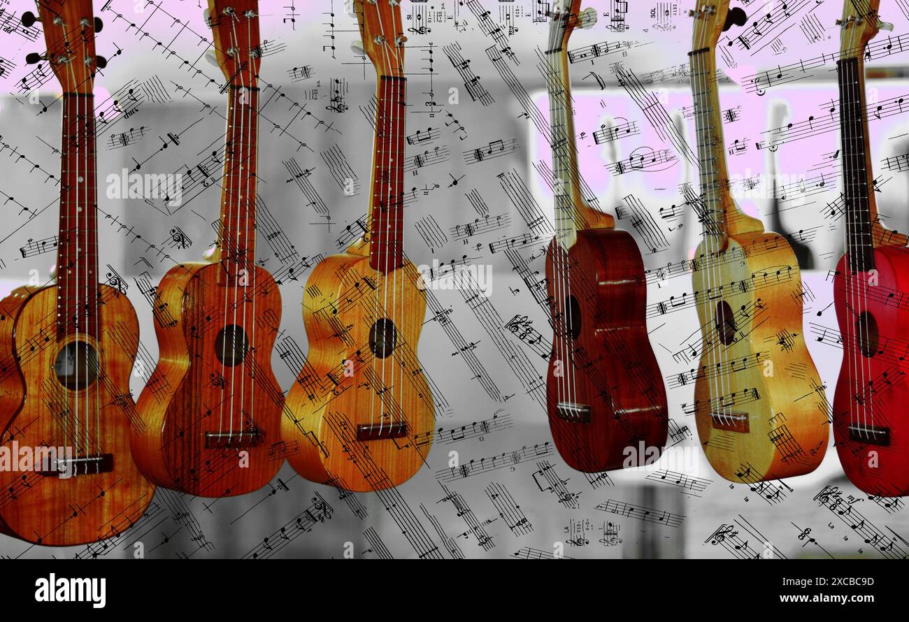 musical notes and guitars mixed up together Stock Photo - Alamy