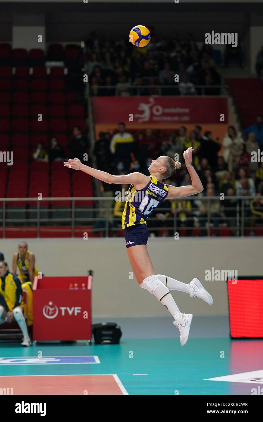 ISTANBUL, TURKIYE - FEBRUARY 04, 2024: Arina Fedorovtseva serves during ...