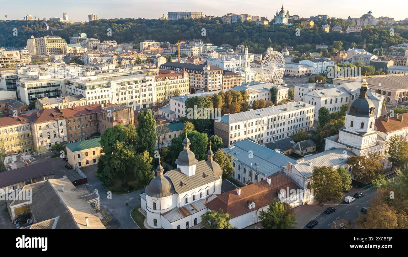 Aerial top view of Kyiv cityscape, Dnieper river and Podol historical ...