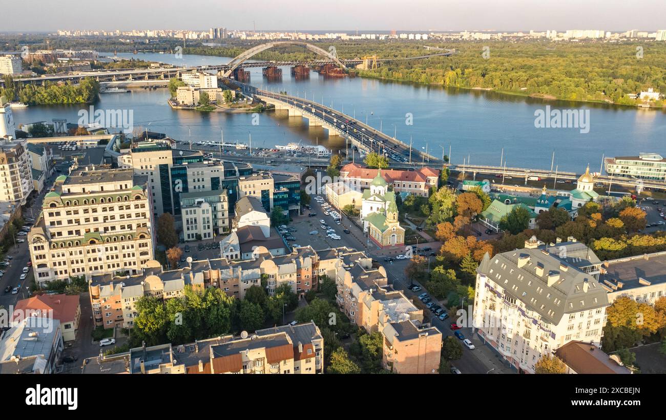 Aerial top view of Kyiv cityscape, Dnieper river and Podol historical ...