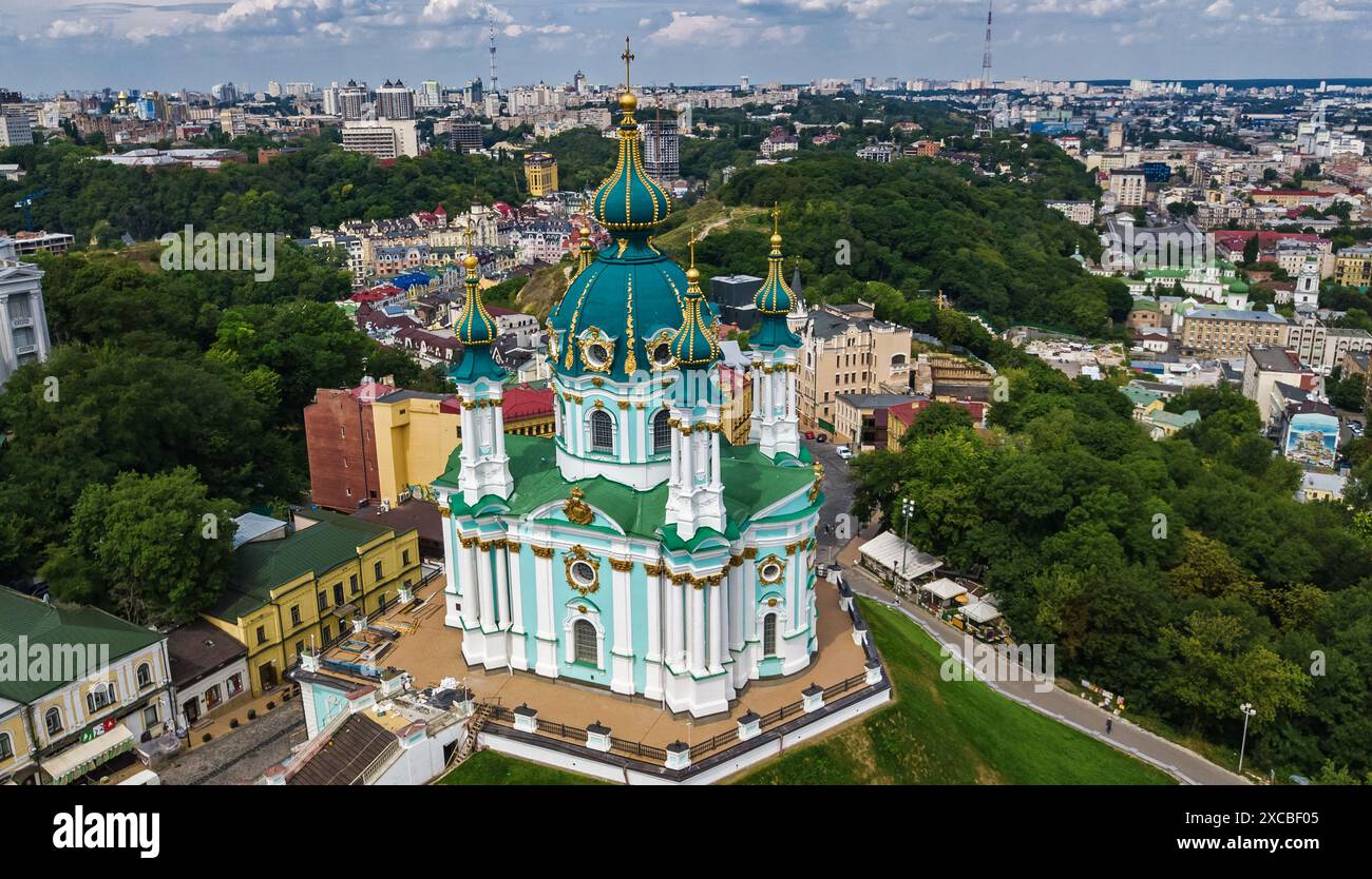 Aerial drone view of Saint Andrew's church and Andreevska street from ...