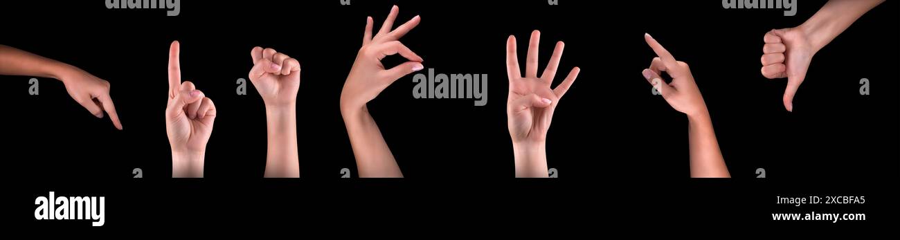 Various Hand Gestures Are Demonstrated Such As Pointing Counting Thumbs Updown Against A 