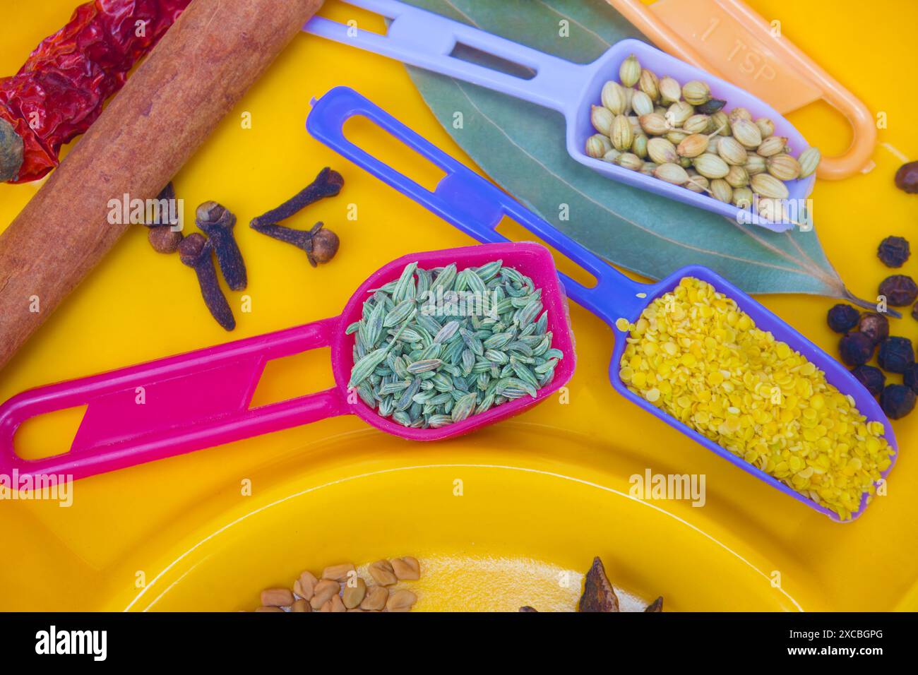 top center view of Mixed indian spices for mango pickle like, red ...