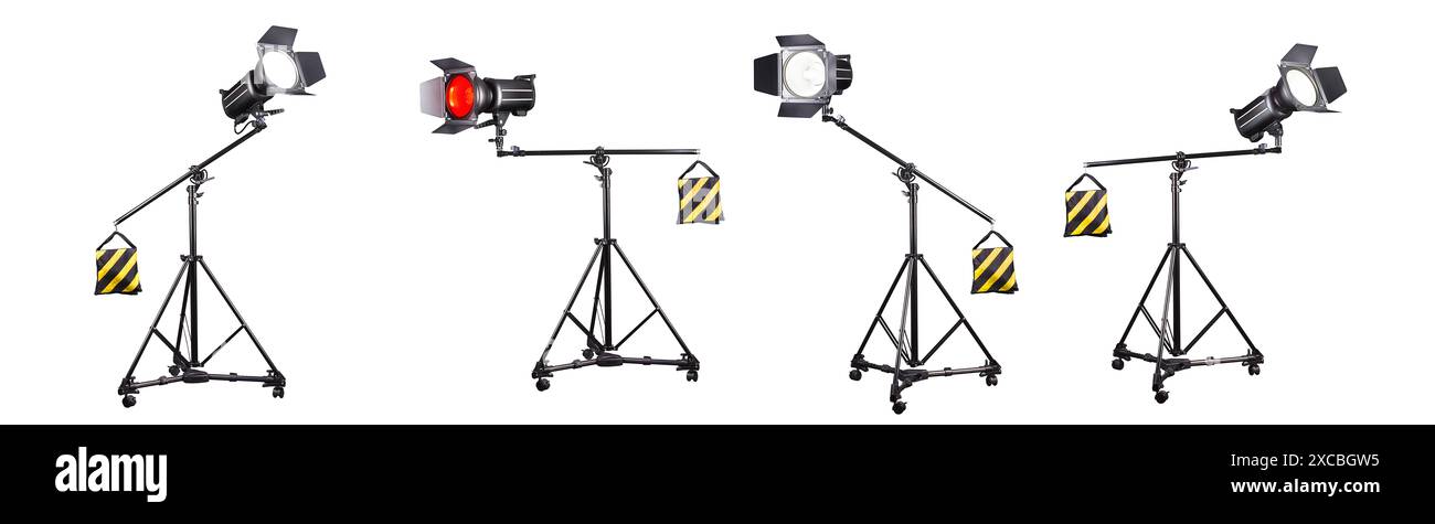 Photography studio flash on a lighting stand isolated on white ...