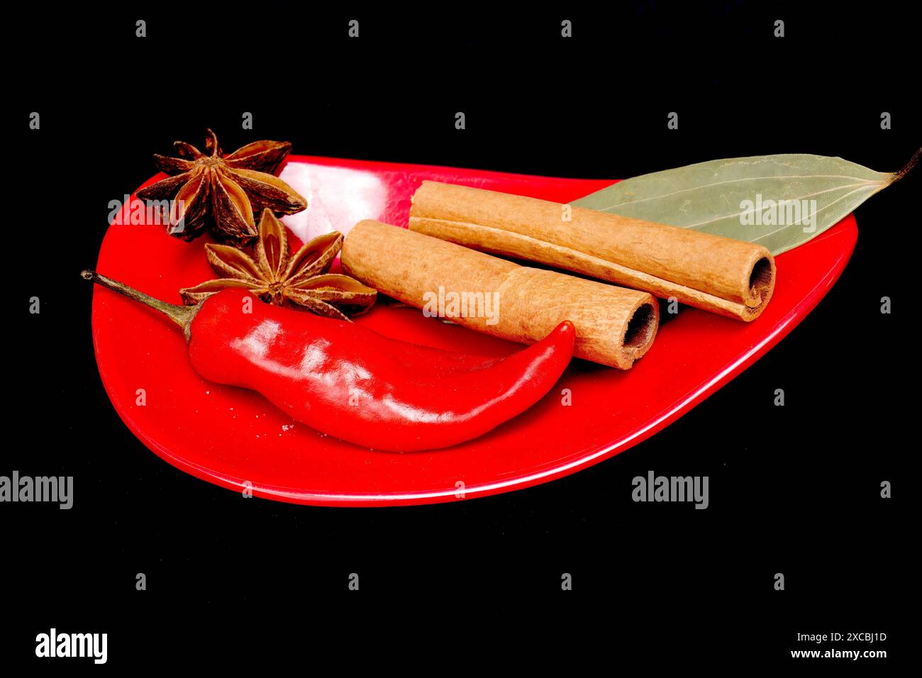 side view of red chilli, two piece of Cinnamon, star anise, also known ...