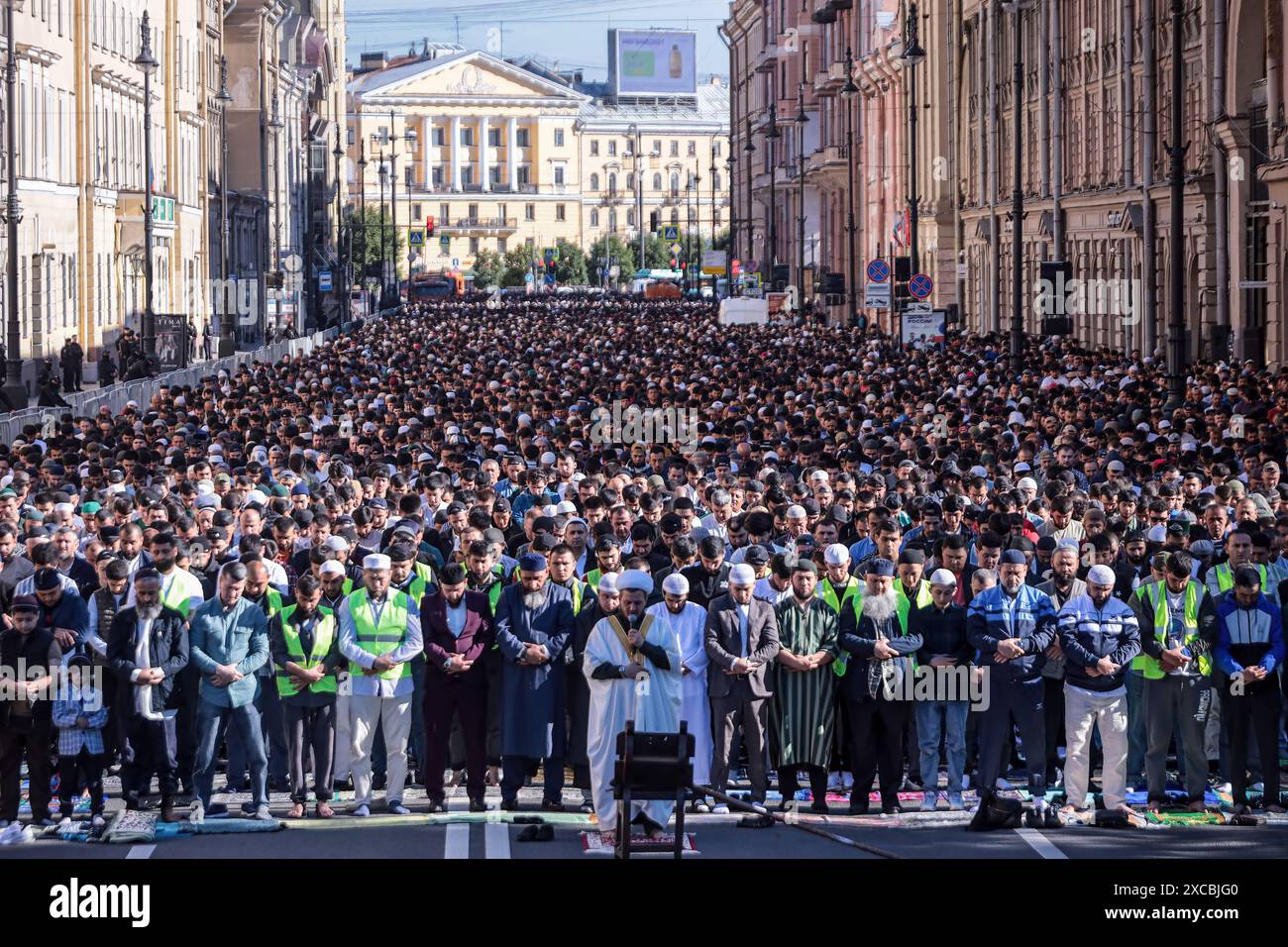 St. Petersburg, Russia. 16th Jun 2024. Muslims perform a festive prayer ...