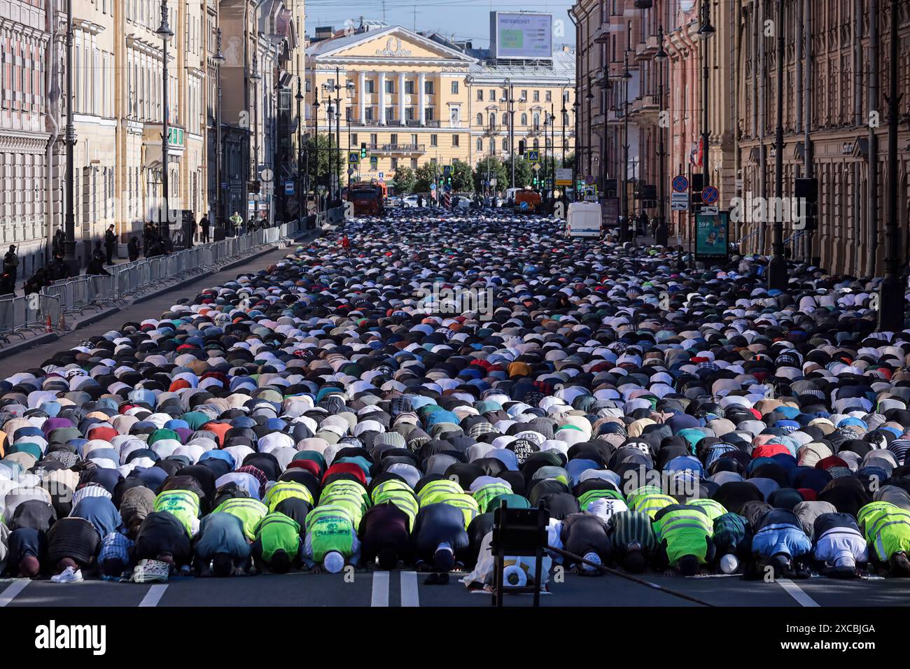 St. Petersburg, Russia. 16th Jun 2024. Muslims perform a festive prayer ...