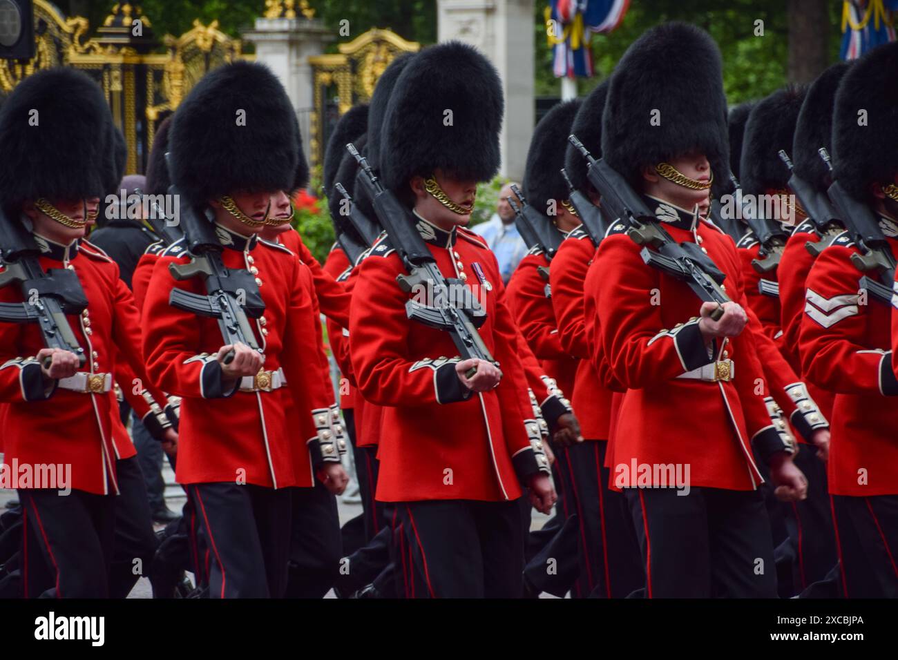 London, UK. 15th June 2024. King's Guards march at Trooping the Colour ...