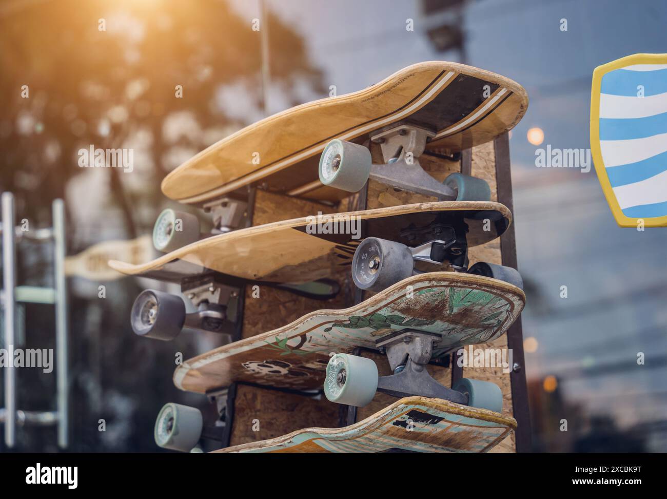 A stack of skateboards on a special outdoor stand Stock Photo - Alamy