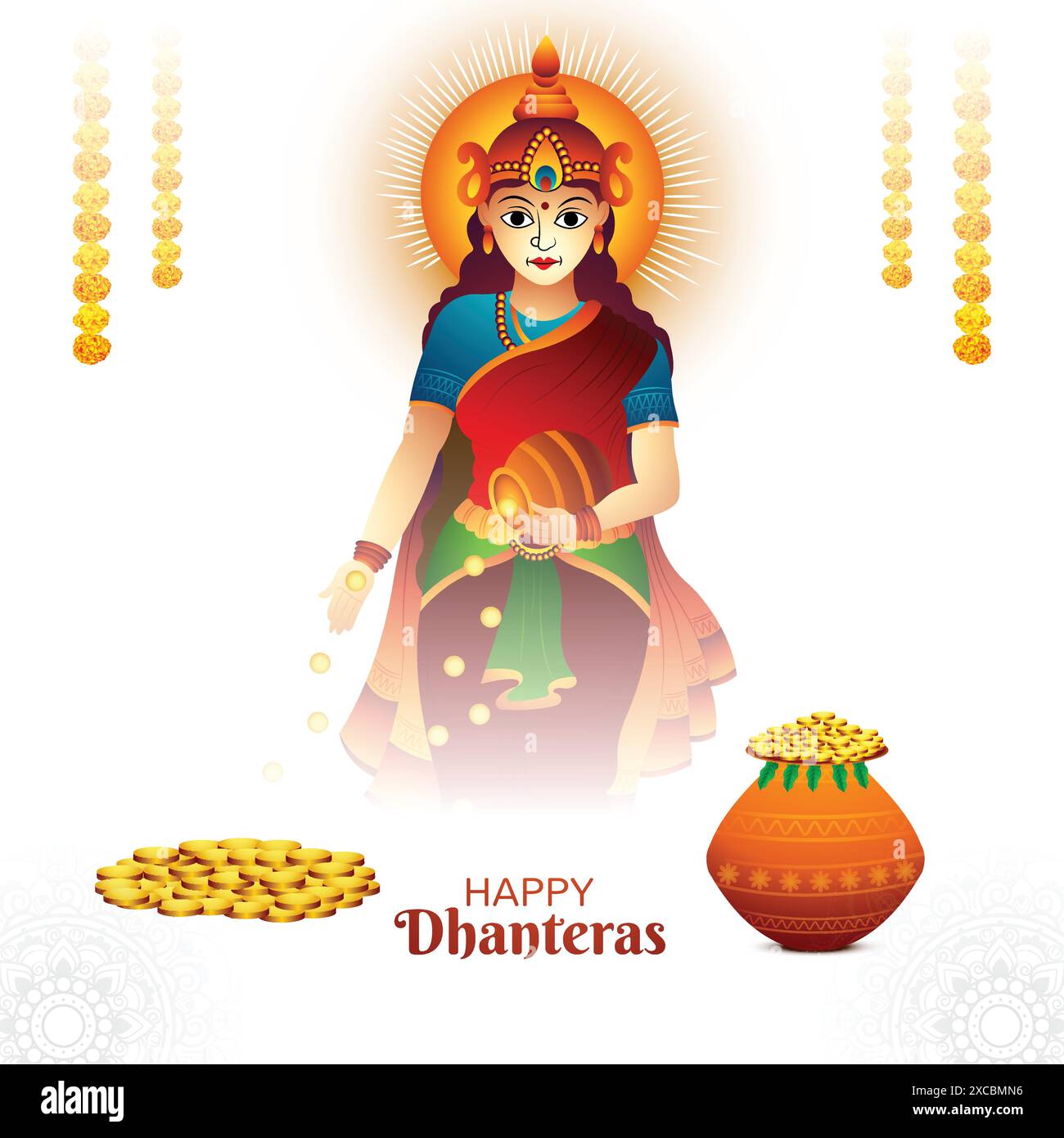 Goddess maa laxmi illustration with gold coin in pot haapy dhanteras ...