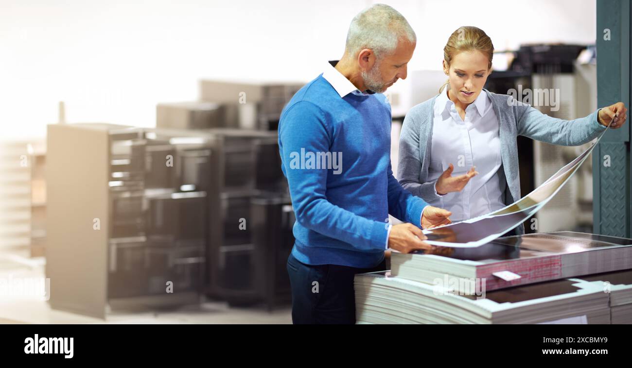 Man, woman and printing in warehouse with check, creative manager or ...