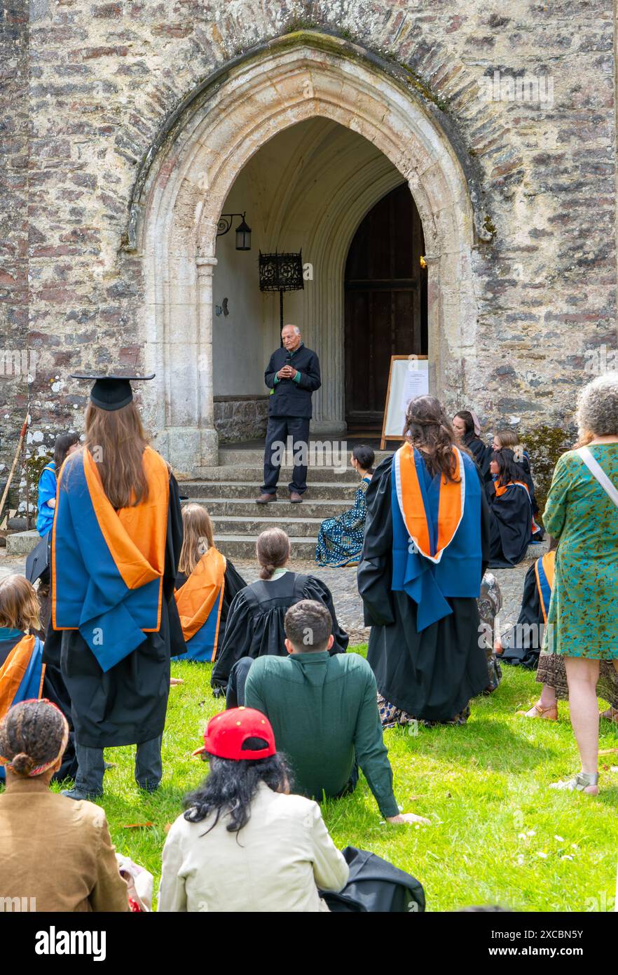 Satish Kumar speaking at graduation event, Schumacher College, Dartington Hall estate, Totnes ...