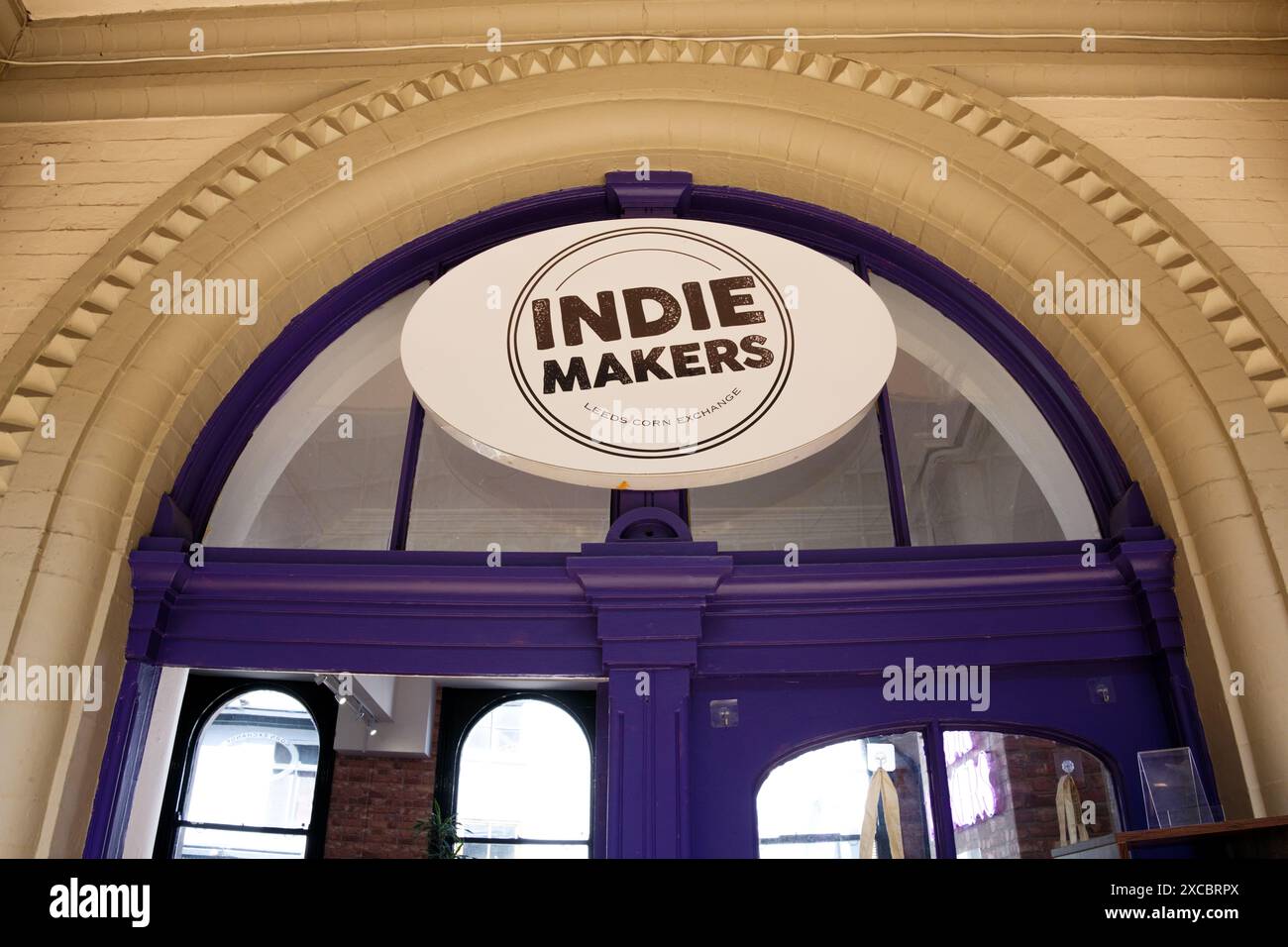 Leeds UK: 2nd June 2024: Leeds Corn Exchange indoor shopping mall Indie Makers shop sign Stock ...