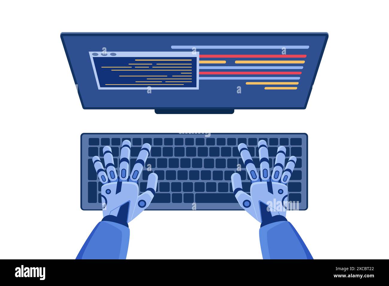 Cyborg sitting at computer desk, writing code for software or mobile ...