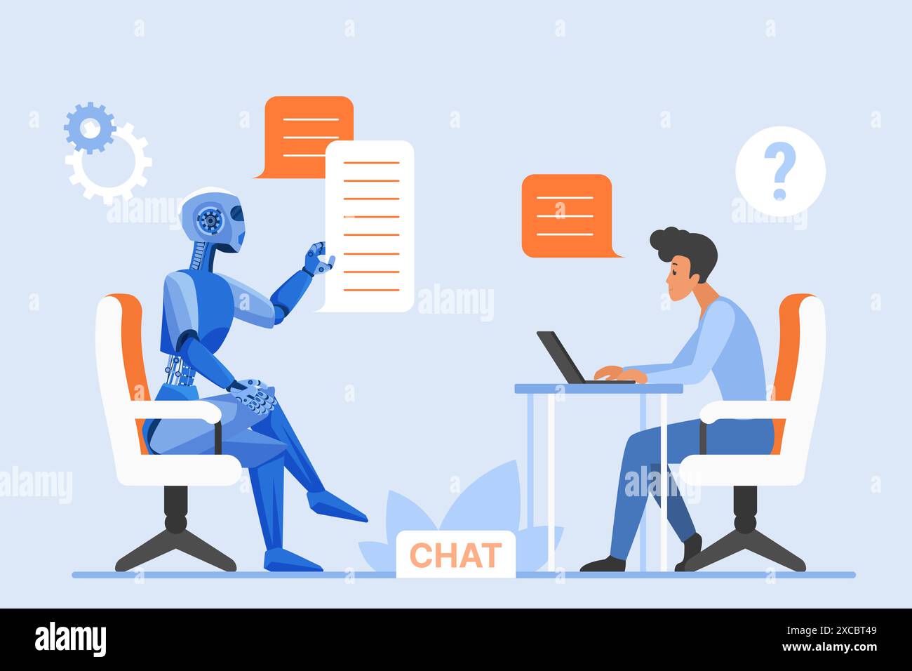 User and chat bot conversation, chatgpt, digital helpdesk. Tiny man ...