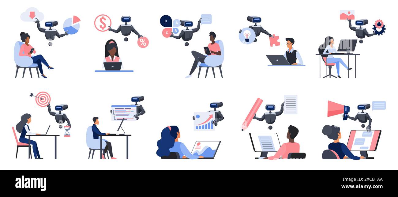 User help from chat bot set. Tiny people working with laptop and using ...