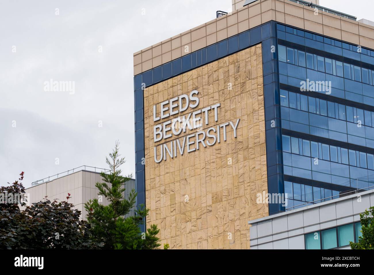 Leeds England: 3rd June 2024: Leeds Beckett University exterior Campus. Exterior signage closeup ...