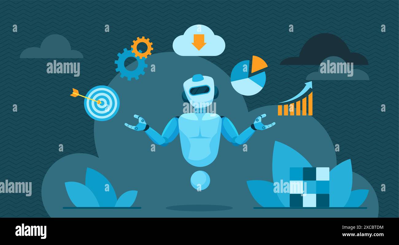 Multitasking support of chat bot, artificial intelligence services for customers. Busy robot ...