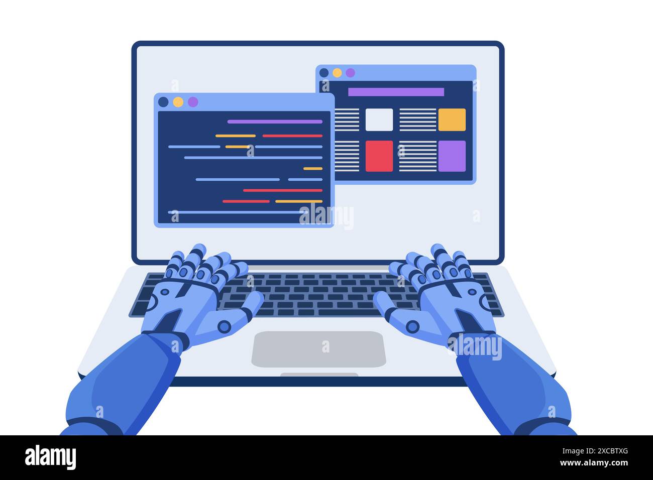 Robot coding and sitting at laptop, hands of bot working with program ... Robot coding and sitting at laptop, hands of bot working with program ...