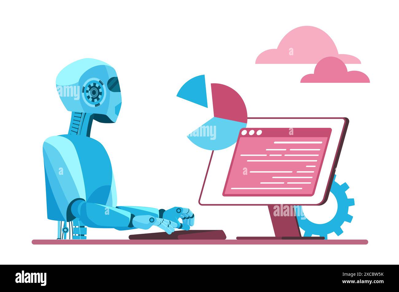 Robot employee sitting at computer desk working on pie chart and information on screen cartoon ...