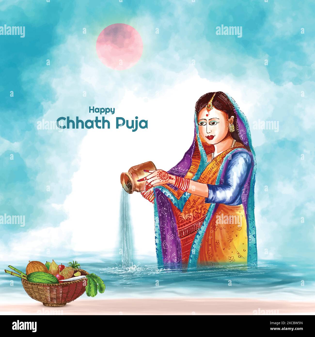 Lady offering chhath pooja to sun god in traditional festival card ...