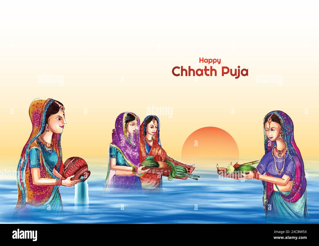 Ladys offering chhath pooja to sun god in traditional festival card ...