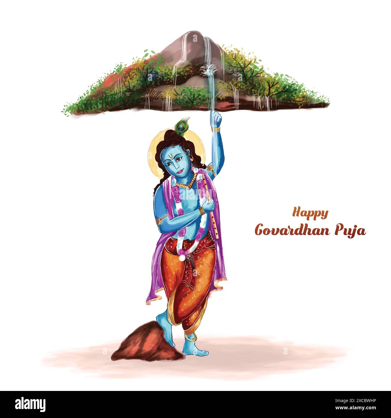 Govardhan puja with lord krishna greeting card design Stock Vector ...