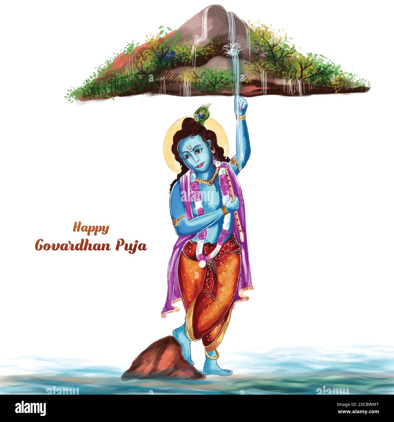 Govardhan puja with lord krishna greeting card design Stock Vector ...