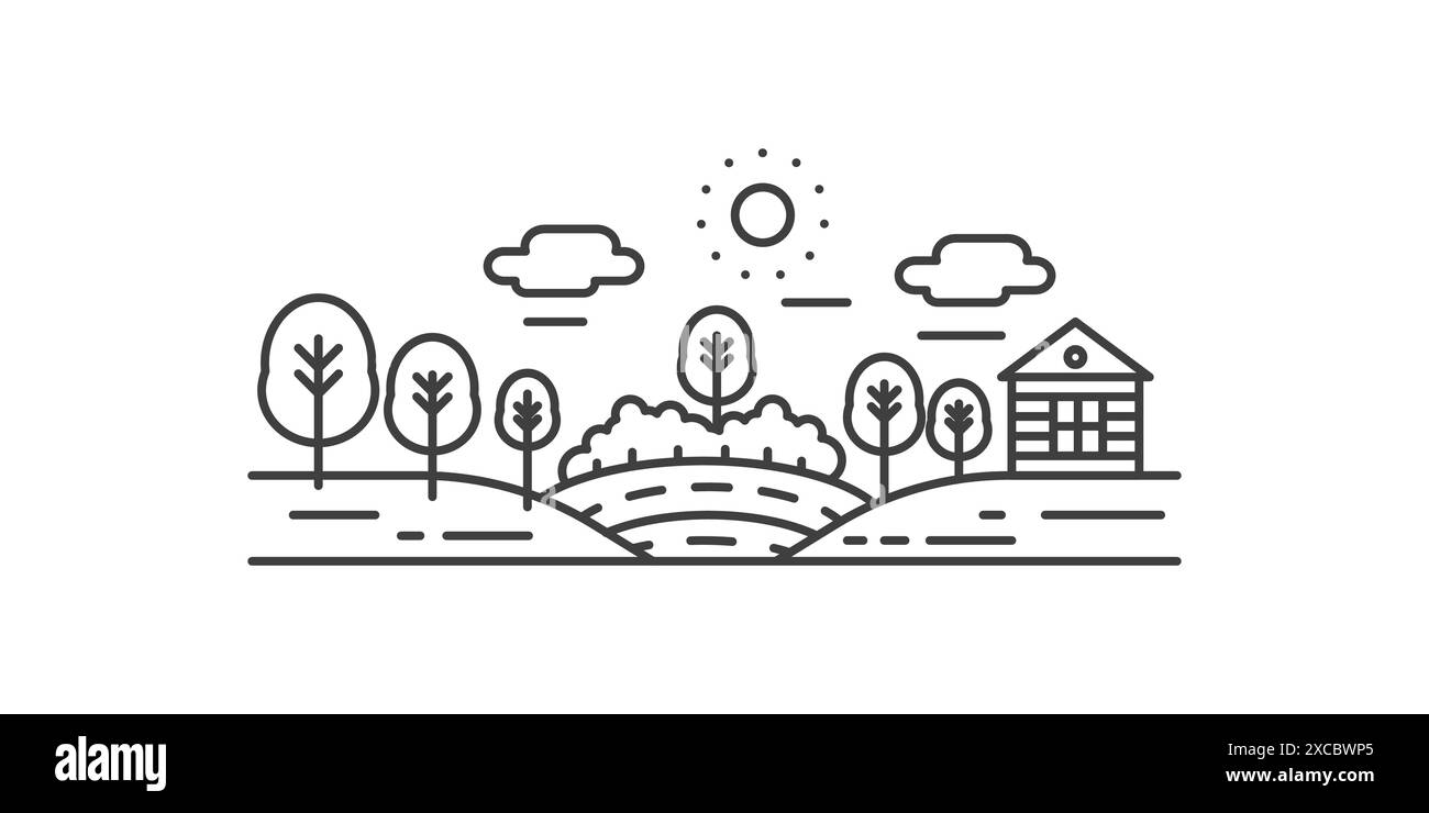 Countryside landscape with farmhouse and forest on hills, line icon ...