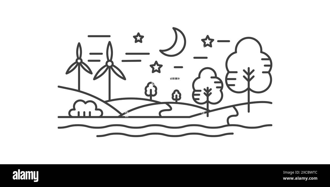 Night natural landscape, wind turbines on hills, moon and stars in sky ...