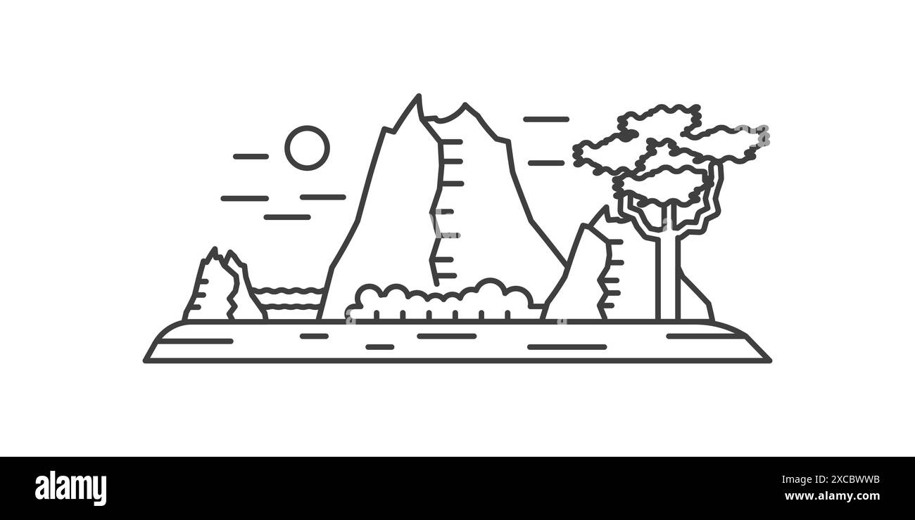 Mountain landscape, rocks and tall trees on seashore, line icon vector ...