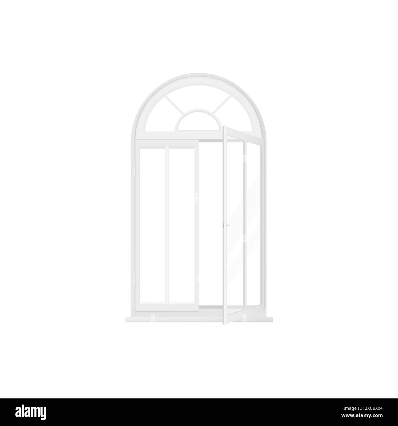 3D window with white frame and arch, transparent glass and open sash ...