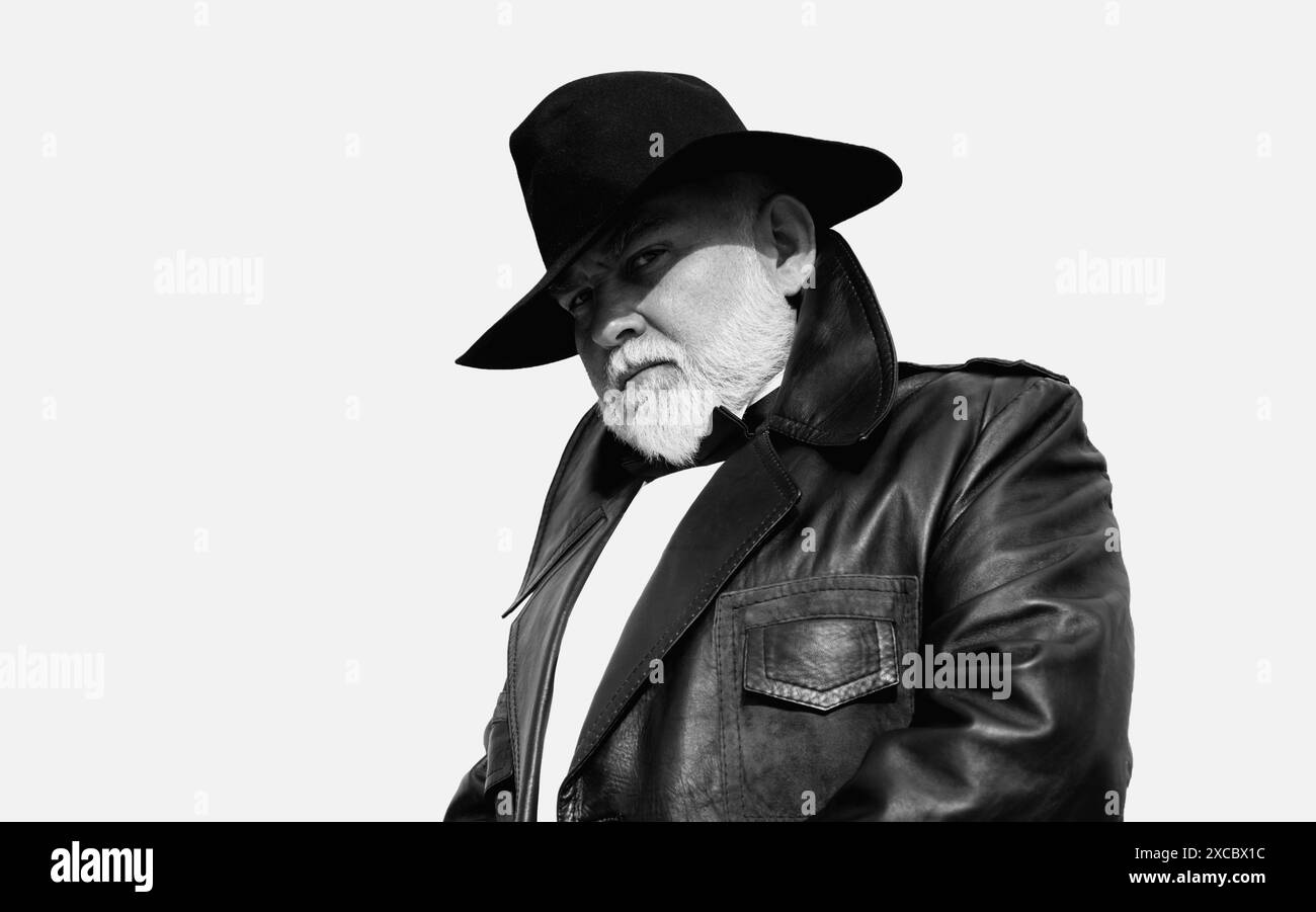 Gangster style. Old-fashioned trendy elegant hipster grandpa in leather ...