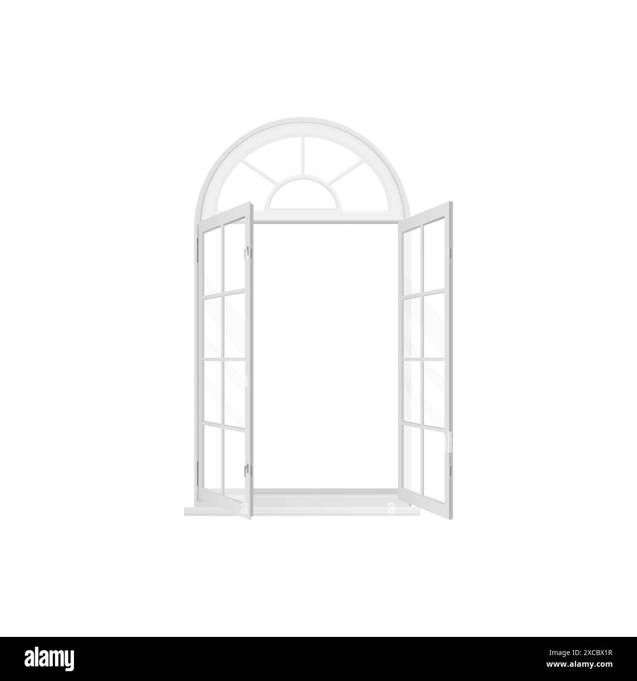 3D window with arch white frame and two open sashes with sections ...