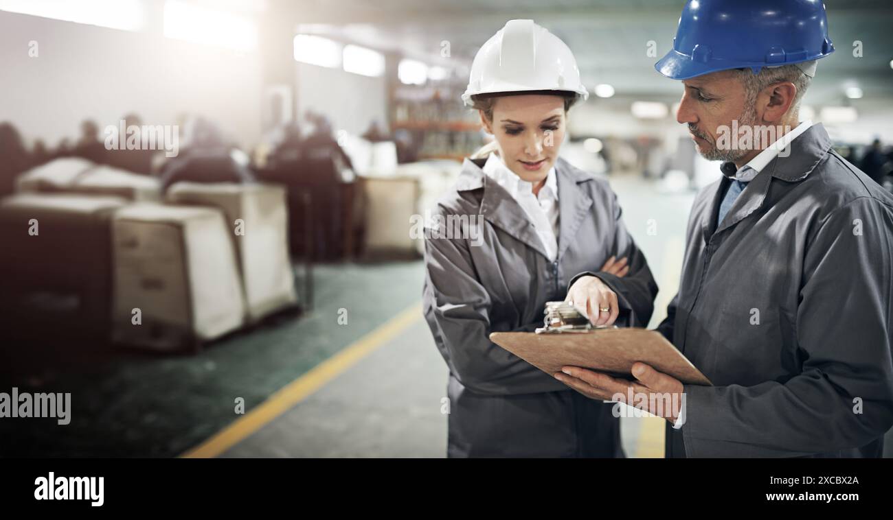 Factory, people and checklist with clipboard for quality inspection or ...