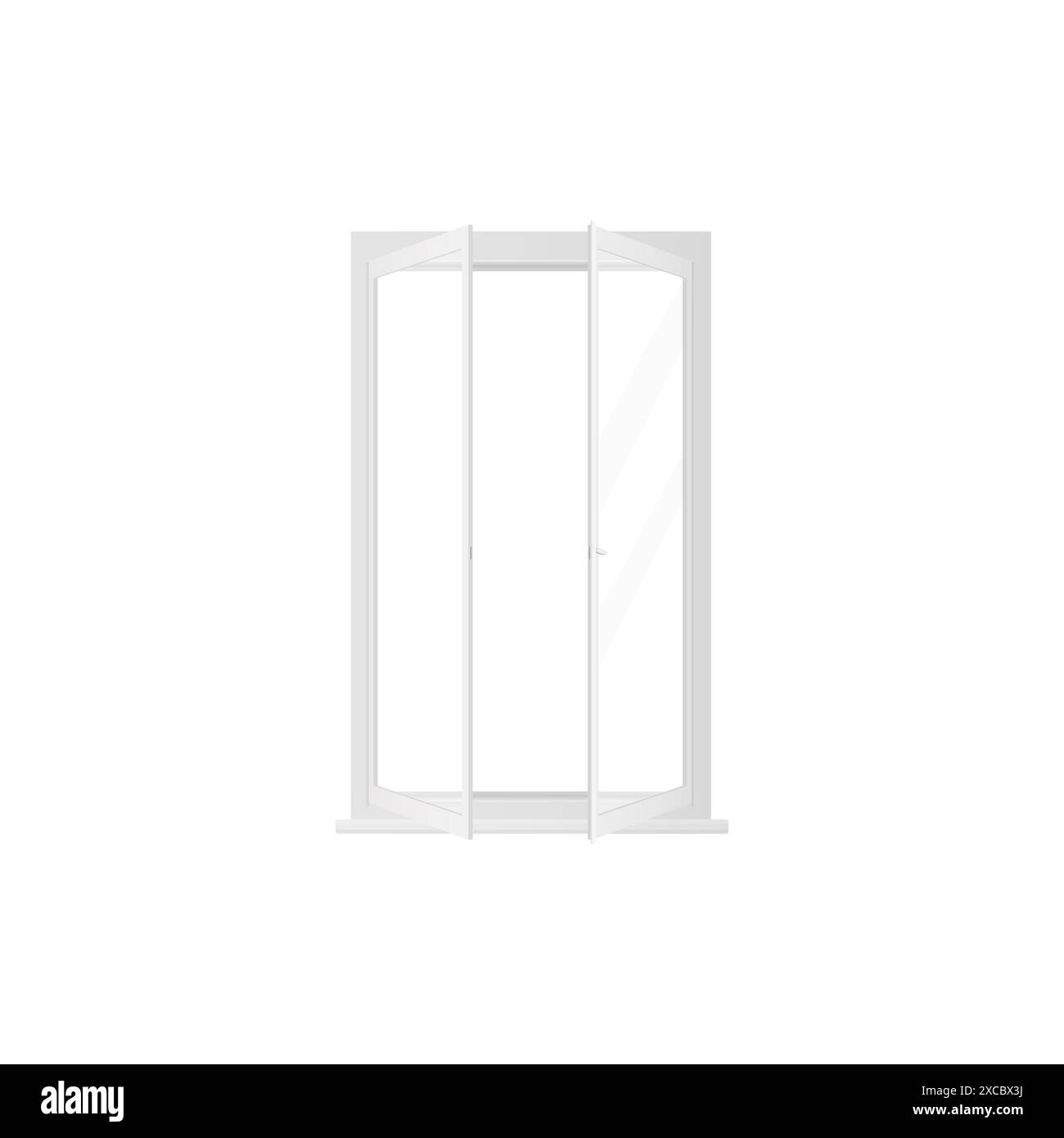 3D window with white frame, transparent clear glass and open sashes ...