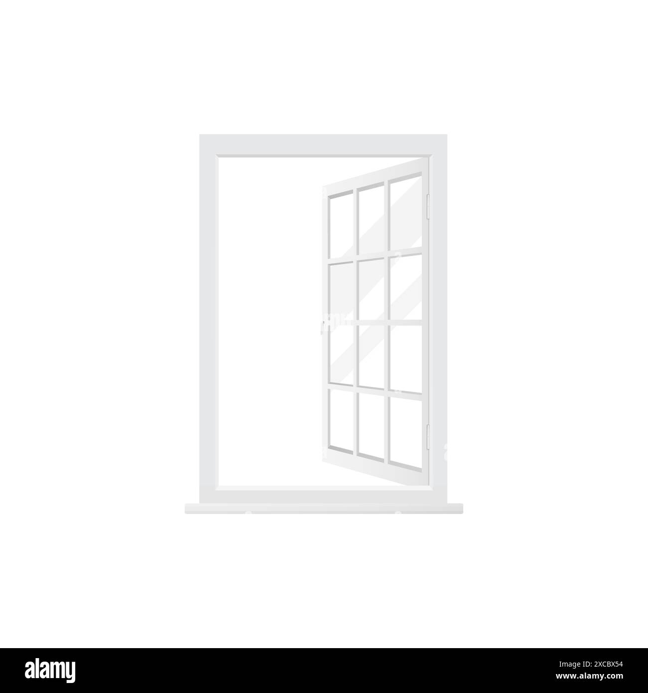 3D window with white frame open one sash divided into square sections ...
