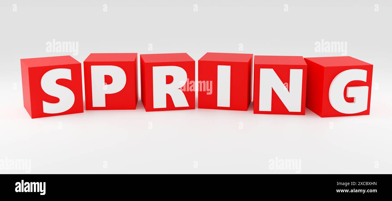 Red letters inscription spring on grey podium, soft light, front view ...