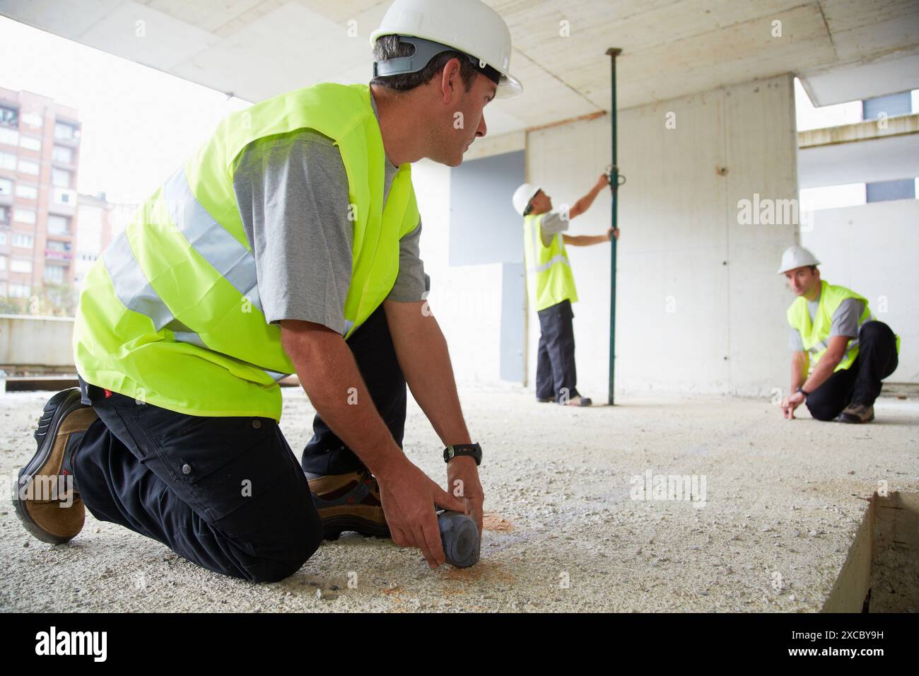 Workers with personal protective equipment, PPE, Marking guide lines ...
